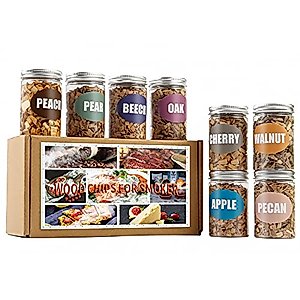 Natual Wood Chips for Smoker, (8 Gift Pack - Apple, Cherry, Oak, Pecan, Pear, Peach, Walnut, Beech) 8 OZ Each| Smoker Woodchips for Smoking Gun and BBQ, Great for Beef Pork Chicken Fish and Whisky