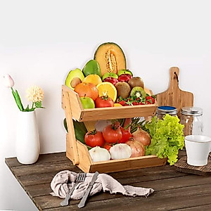 CALM COZY Fruit Basket for Kitchen, 2-Tier Bamboo Fruit Bowl for Kitchen Counter, Kitchen Organization for Vegetables, Bread, Bowl, 12" 9" 11"