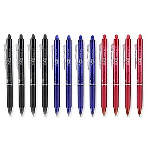 Pilot FriXion Clicker Retractable Erasable Gel Pens, Fine, Red, Blue, Black, 12 Pens