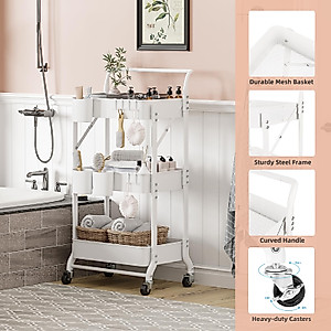 3-Tier Folding Rolling Utility Cart with Wheels, Foldable Storage Cart Organizer with 3 Hanging Cups & 6 Hooks for Kitchen, Office, Living Room, Nursery(White)