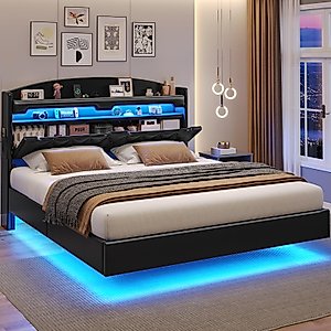 BTHFST Floating Bed Frame Queen Size with Charging Station & Hidden Storage Headboard, RGB Floating Platform Bed, No Box Spring Needed, PU Black