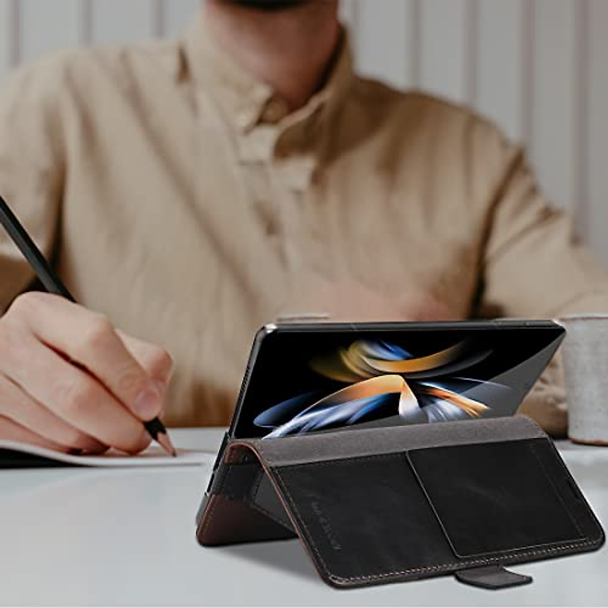 KEZiHOME Samsung Galaxy Z Fold 4 Case, Genuine Leather Galaxy Z Fold 4 Wallet Case [RFID Blocking] with Card Holder Flip Kickstand Magnetic Case Compatible with Samsung Z Fold 4 5G (Black/Brown)