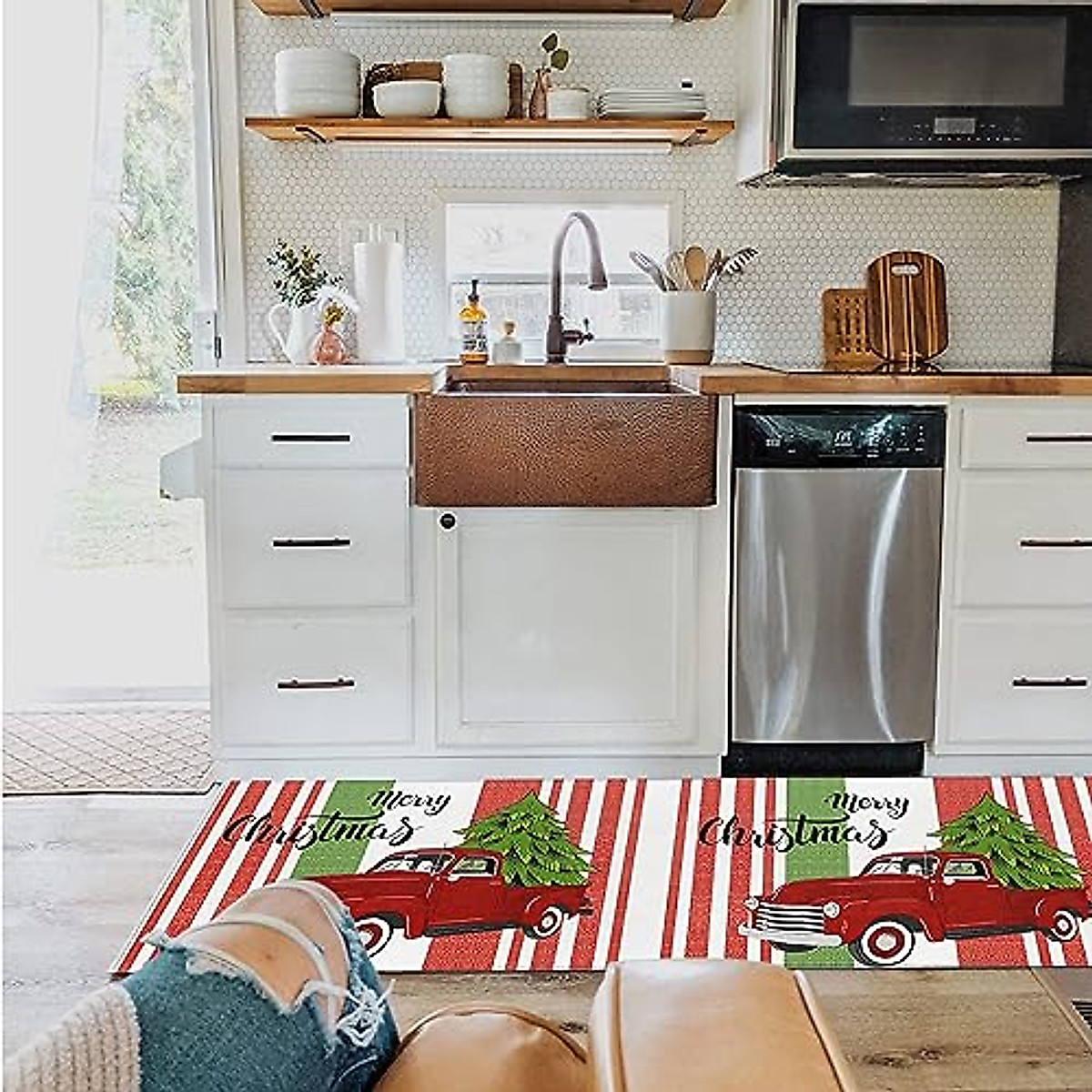 2 Pieces Kitchen Rugs and Mats Set, Christmas Truck Xmas Tree Red Green Stripe Kitchen Mats Cushioned Floormat Non Slip Runner Rug Set for Kitchen Laundry Entryway Decor, 15.7"x23.6"+15.7"x47.2"