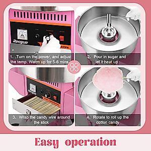 Rengue Cotton Candy Machine Commercial, 1000W Electric Cotton Candy Maker, Cotton Candy Machinewith Stainless Steel Bowl, Sugar Scoop, Storage Drawer, Perfect for Family Party, Kids Birthday