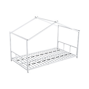 Wakefit Twin Size Montessori Floor Bed with Headboard and Footboard, Metal House Bed Frame with Soundproof Strip for Children, Toddlers, Boys, Girls Bedroom, Kids Playroom, No Box Spring Needed(White)