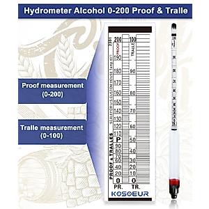Hydrometer Alcohol Meter Kit, Hydrometer Alcohol 0-200 Proof and Tralle, Alcohol Tester for Liquor, Alcohol Hydrometer for Moonshine, Liquor, Spirits, Proofing, Distilling, with Hydrometer Test Jar