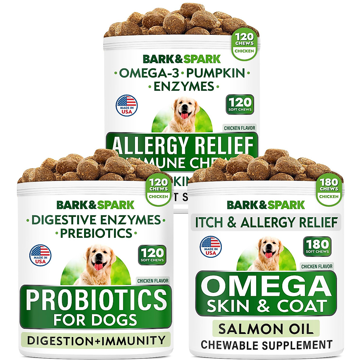 Allergy Relief + Omega 3 + Probiotics & Digestive Enzymes Bundle - Anti-Itch Skin & Coat + Joint Health + Pet Diarrhea Gas Treatment - Fish Oil + EPA & DHA Fatty Acids - 420 Chews - Made in USA