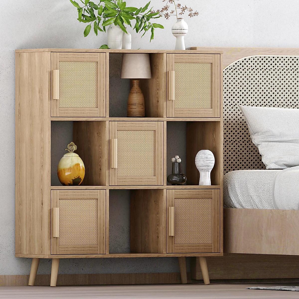 SSLine Boho Rattan 9-Cube Storage Organizer Rustic Wooden Bookcase with 4 Open Cubes & 5 Rattan Door Cabinets Free-Standing Bookshelf Display Cube Shelves for Living Room Home Office