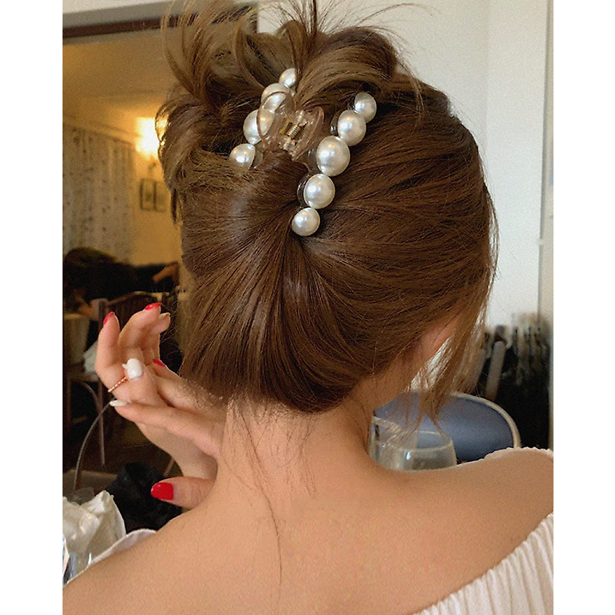 inSowni 7 Pack Pearl Plastic Hair Claw Clips White Fancy Non Slip Jaw Barrettes Elegant Hair Styling Grip Clamps Korean Decorative Wedding Bridal Hair Accessories Bulk for Women Girls Thin Thick Hair