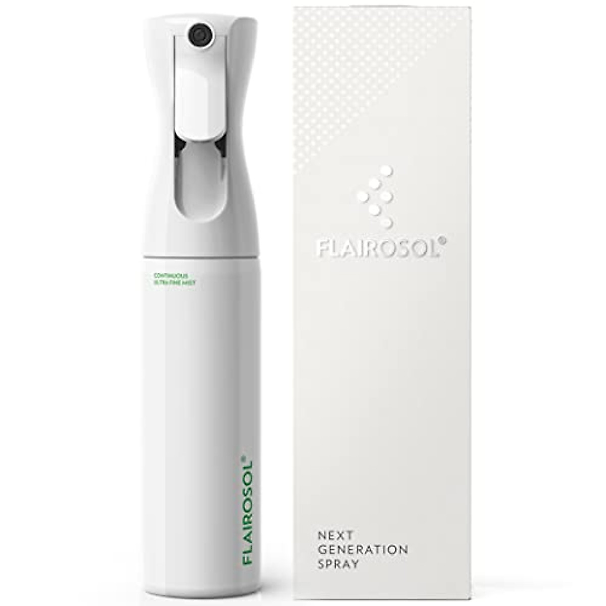 FLAIROSOL - The Original, Plant Mister Spray Bottle for Indoor and Gardens, Continuous Mist with 1,001 Uses. Trusted by Professionals. Patented Technology. 10 oz, White Bottle, Green Print