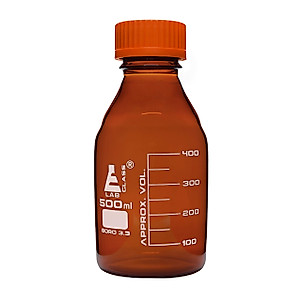 EISCO Reagent Bottle, 500ml - Amber Colored Glass - Orange Screw Cap, Drip Free Pouring Ring - White Graduations - Borosilicate 3.3 Glass