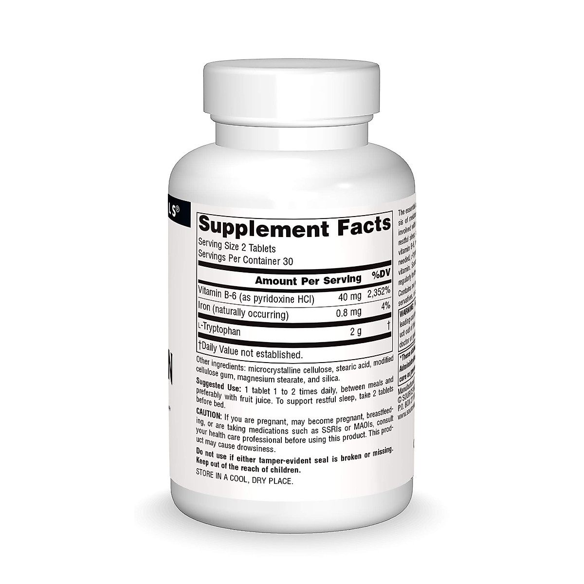 Source Naturals L-Tryptophan with Vitamin B-6 1000 mg Support Mood, Relaxation And Sleep - 60 Tablets