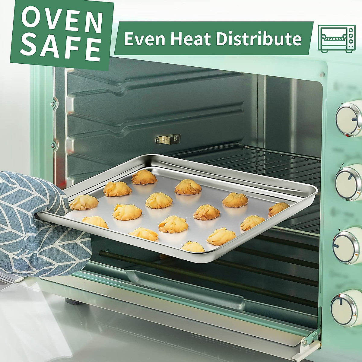 Baking Sheets Set of 2, HKJ Chef Cookie Sheets 2 Pieces & Stainless Steel Baking Pans & Toaster Oven Tray Pans, Rectangle Size 12.5Lx10Wx1H inch & Non Toxic & Healthy & Easy Clean…