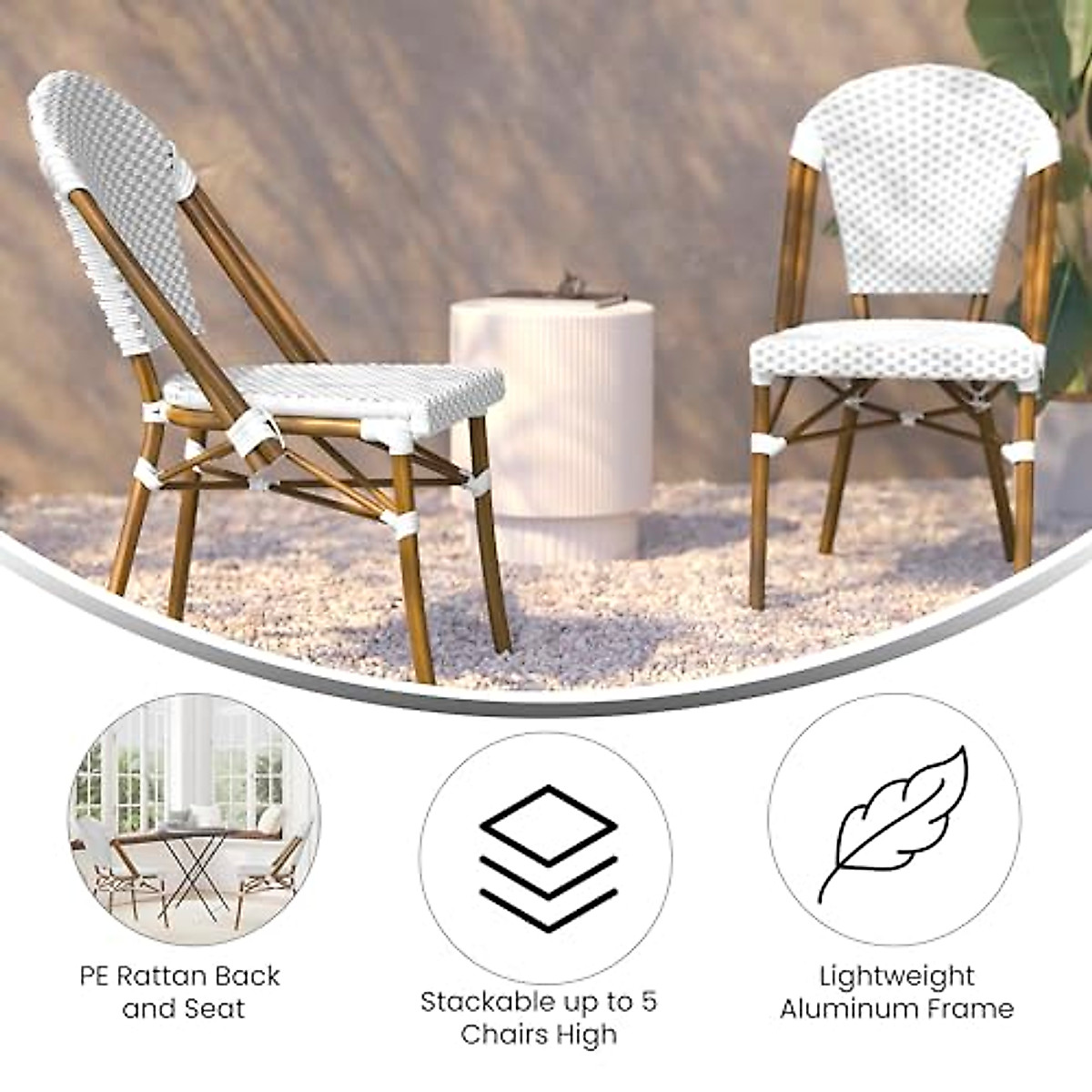Flash Furniture Lourdes Set of 2 Indoor/Outdoor Commercial Bistro Stack Chairs - White/Gray PE Rattan Back and Seat - Natural Bamboo Print Aluminum Frame