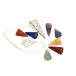 Jet International Jet Chakra Cage Pendulum 2" Free Booklet Crystal Therapy Interchangeable Chakra Cone Silver w/Pouch Divination Wicca Yes/No Pagan (Pentacle Star)