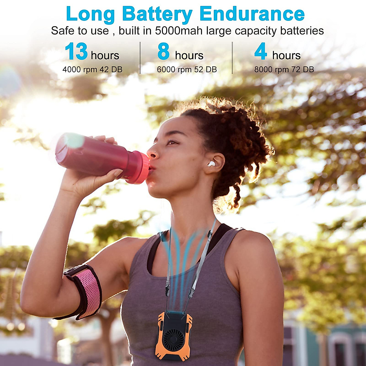 Cadrim Waist Fan, Portable Personal Fan, USB Mini Necklace Fan, Rechargeable Battery Operated Fan, 8000RPM Strong Airflow for Outdoor Camping with LED SOS Function