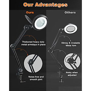 10X Magnifying Glass with Light, Adjustable Swing Arm 2200 Lumens LED Magnifying Desk Lamp with 3 Color Modes Stepless Dimming, Hands Free LED Lighted Magnifier for Close Work, Crafts Repair Painting