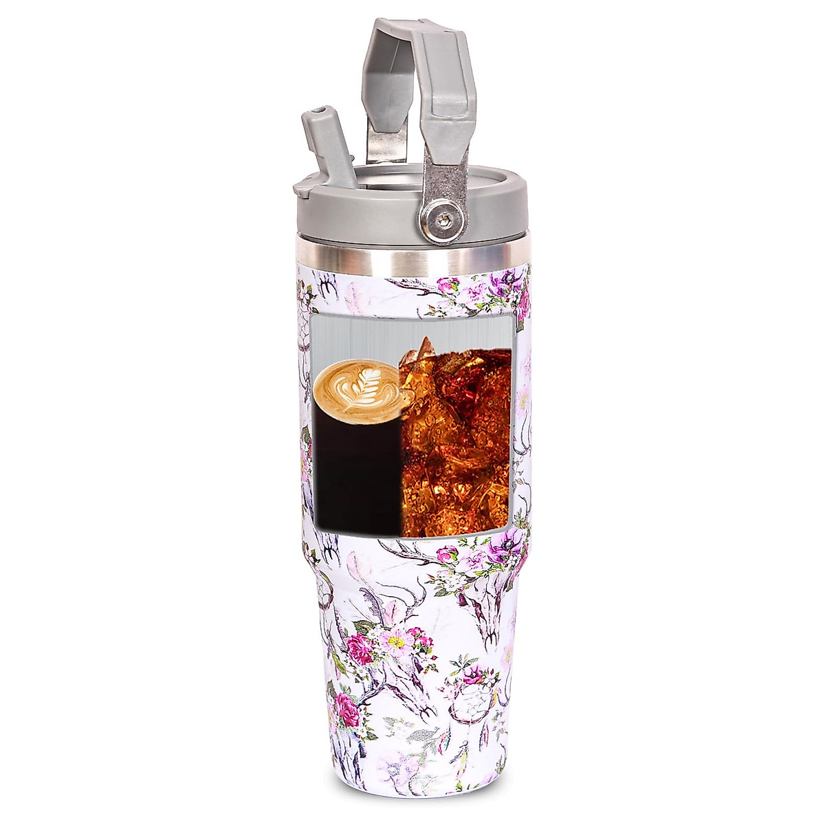 PRAGDUCT Cow Skull Tumbler with Handle and Lid Straw, 30 oz Stainless Steel Travel Mug for Hot and Cold Drinks, Mother's Day gift West Floral Design (White cow skull, 30OZ)