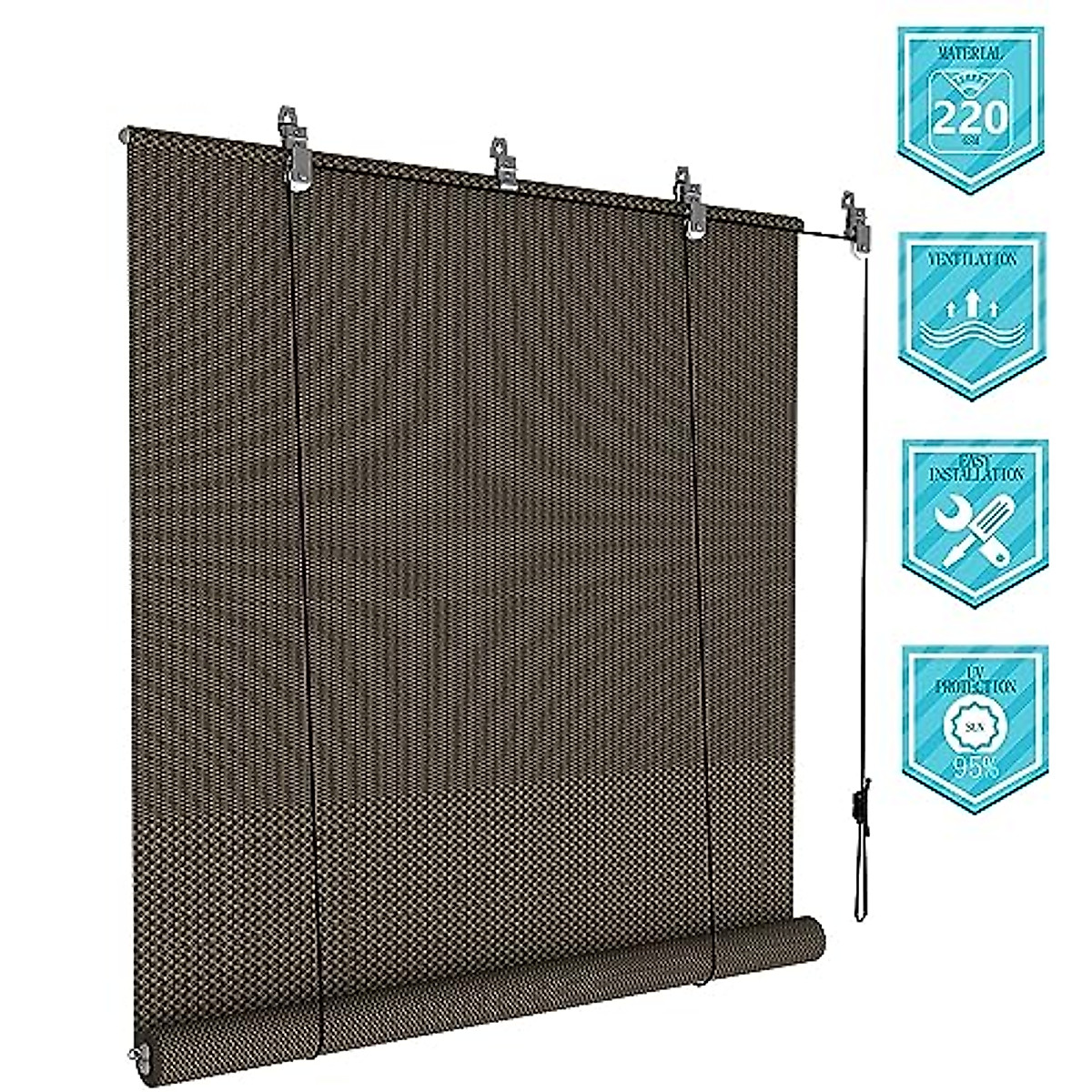 Coarbor Outdoor Roll up Shades Blinds for Porch Patio Shade Exterior Roller Shade Privacy Shade Screen for Deck Pergola Gazebo Brown 8'W x 6'H