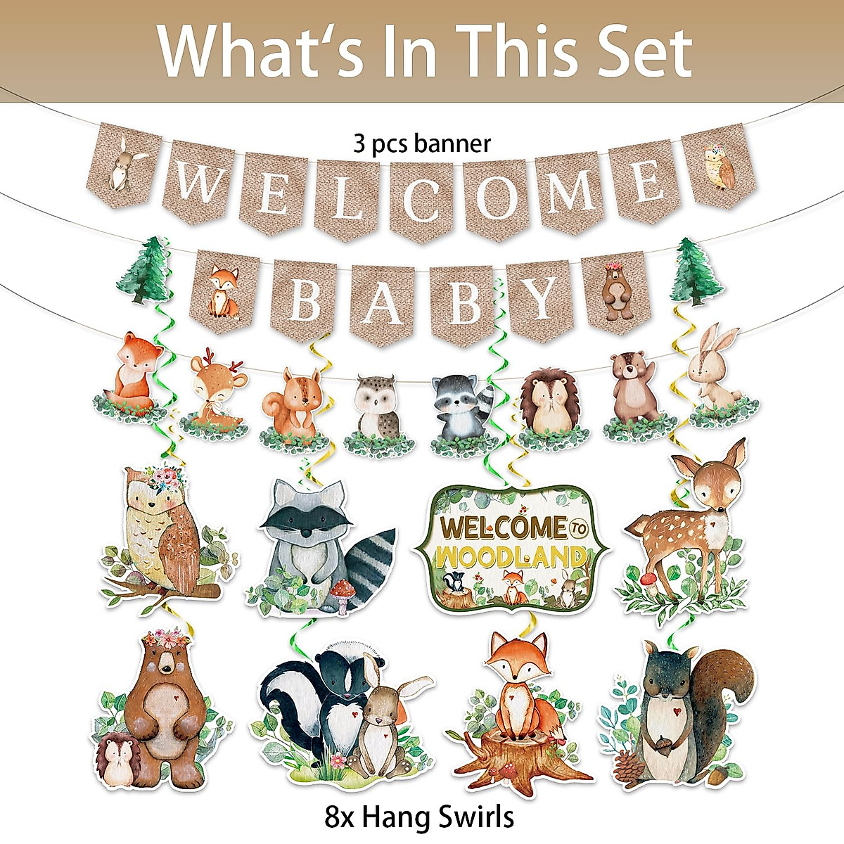 NO-DIY Woodland Baby Shower Decorations, Woodland Animals Baby Shower Decorations Banner Swirls, Woodland Theme Baby Shower Decorations for Girls Boys Woodland Creatures Baby Shower Birthday Party