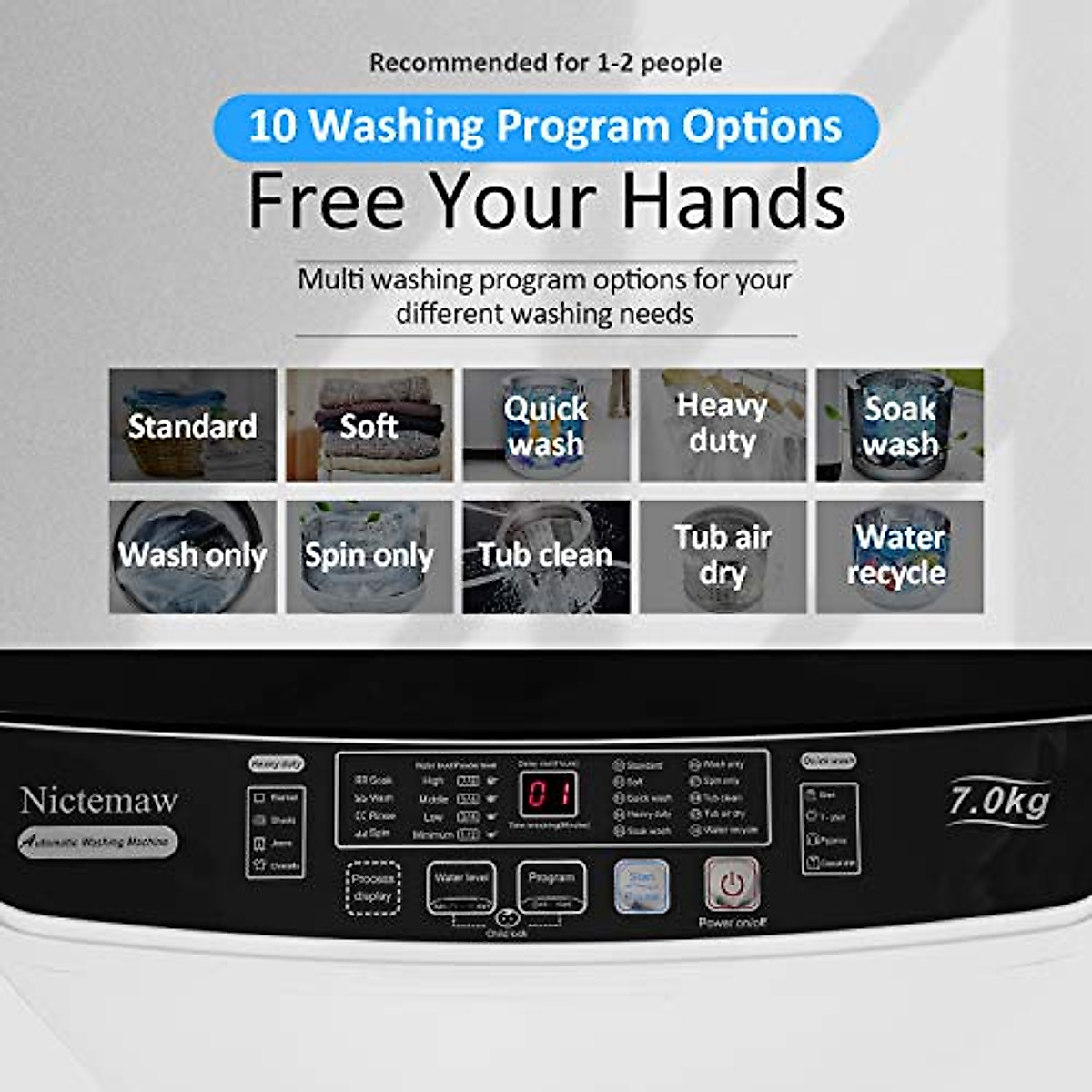 Nictemaw Portable Washing Machine 17.5 Lbs Capacity Full-Automatic Compact Washer with Drain Pump Laundry Washer With LED Display, 10 Programs and 8 Water Level Selections,Ideal for Home, Dorm, DV and Apartments
