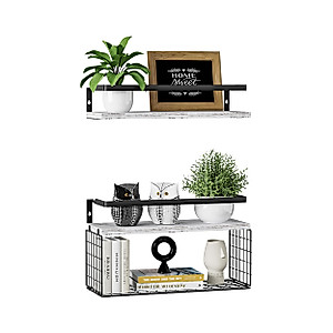 TARGETHOBBY HOBBYMATE Floating Shelves, Wall Mount Storage & Organizer Shelf with Metal Basket and Guardrail, Wall Decor Display Shelves - Rustic White