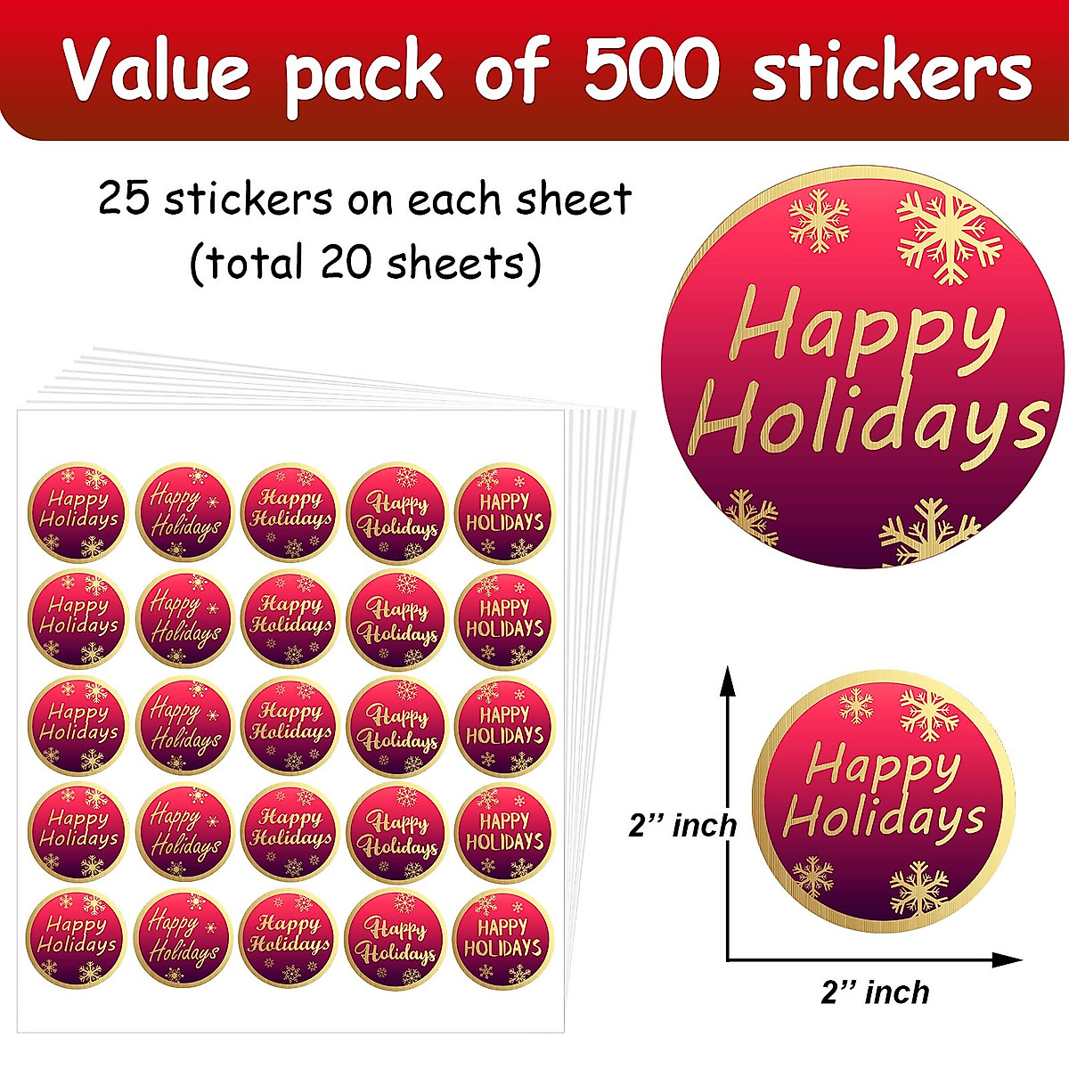 500 Pieces Happy Holidays Stickers Gold Foil Stamping Sticker 2 Inch Large Round Holiday Stickers for Christmas Holiday Cards Envelopes Boxes, 5 Styles