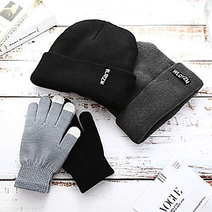 4 Piece Set Winter Beanie Hat and Glove Set with Fleece Lining, Winter Hat and Gloves Set, Unisex Cap and Glove Set for Men Women Black, Gray