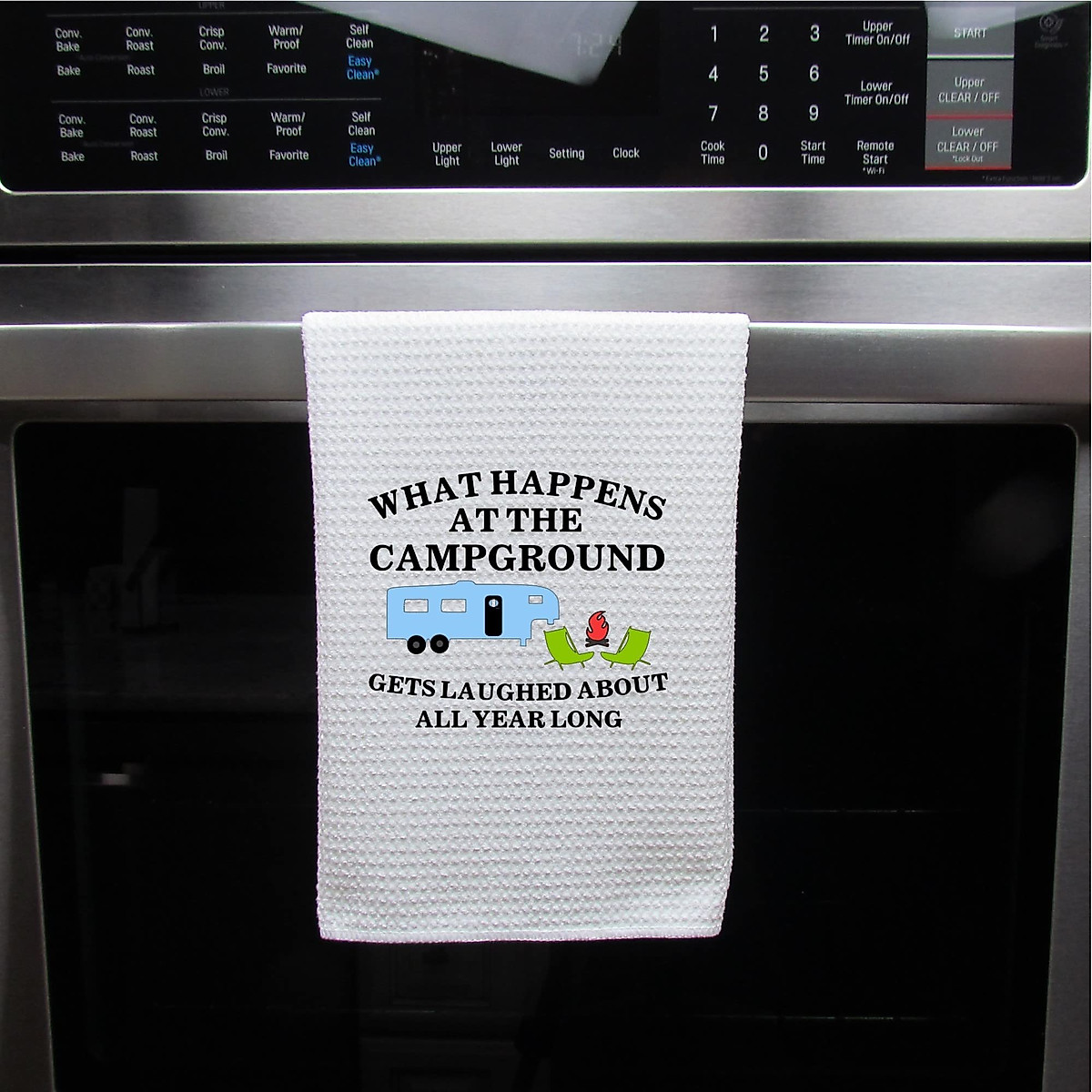 Tea Towel, Funny Dish Towel, Funny Kitchen Towel, Camping Towel, Outdoor Humor, Gift for Mom, Hand Towel, Camper Decor, Waffle Towel, What Happens At The Campground Gets Laughed At All Year Long