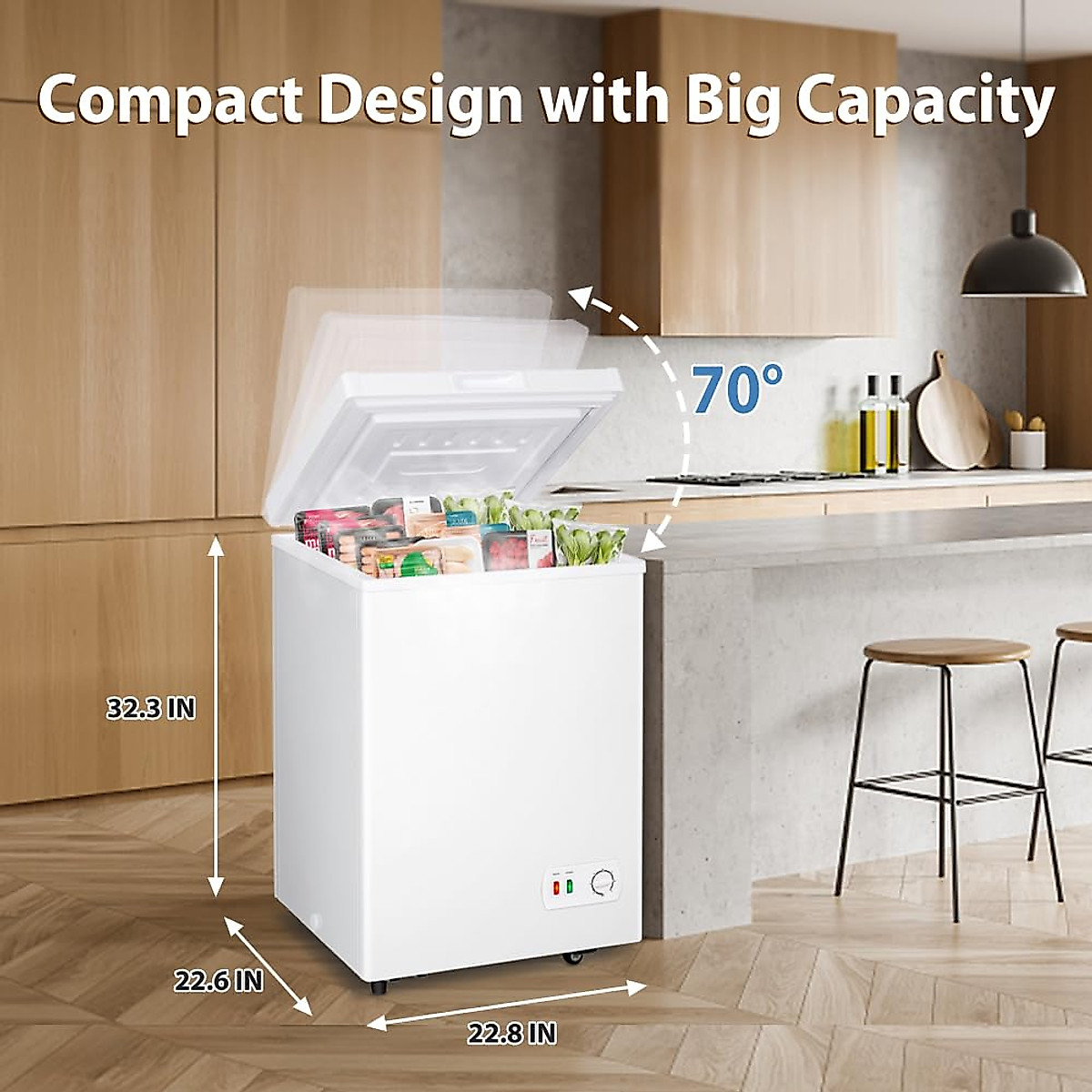 Chest Freezer, Small Deep Freezers Top Door with Removable Basket, 7 Temperature Control Energy Saving, Compact Freezer for Home Kitchen Office Dorm Apartment Indoor Use, White