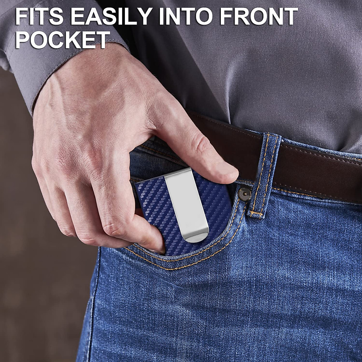 SLUKULU Slim Wallet for Men with Money Clip and Credit Card Holder, RFID Blocking Carbon Fiber Wallet,Minimalist Pop-Up Metal Front Pocket Wallet.(Blue)