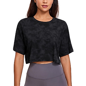 CRZ YOGA Women's Pima Cotton Workout Crop Tops Short Sleeve Yoga Shirts Casual Athletic Running T-Shirts Tie Dye Smoke Ink Medium