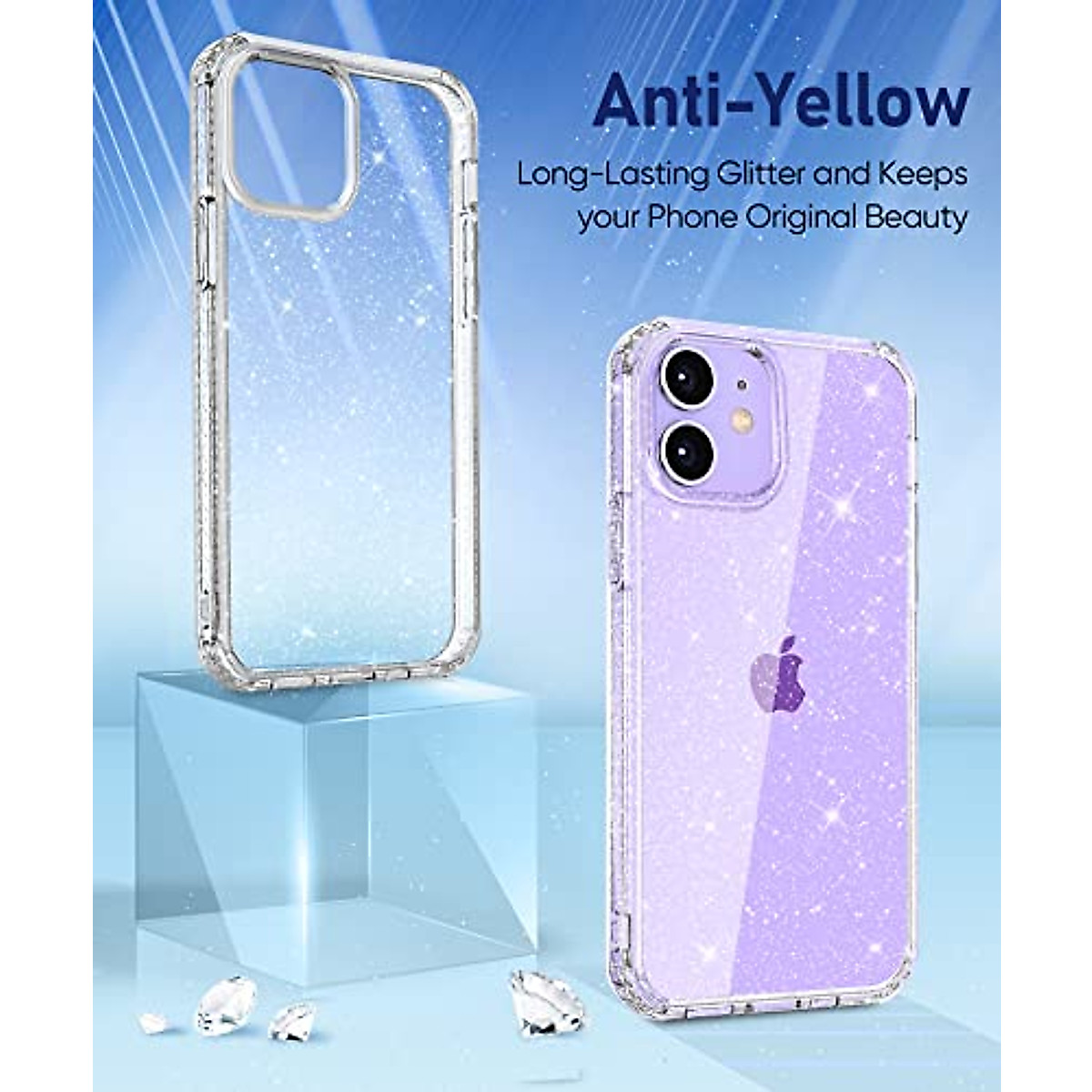 MIODIK for iPhone 12 Case and iPhone 12 Pro Case with Phone Stand, [Not Yellowing] Clear Glitter Shockproof Protective Phone Case, [Non-Slip] Slim Cover for Women Girls 6.1 Inch - Sparkle Clear