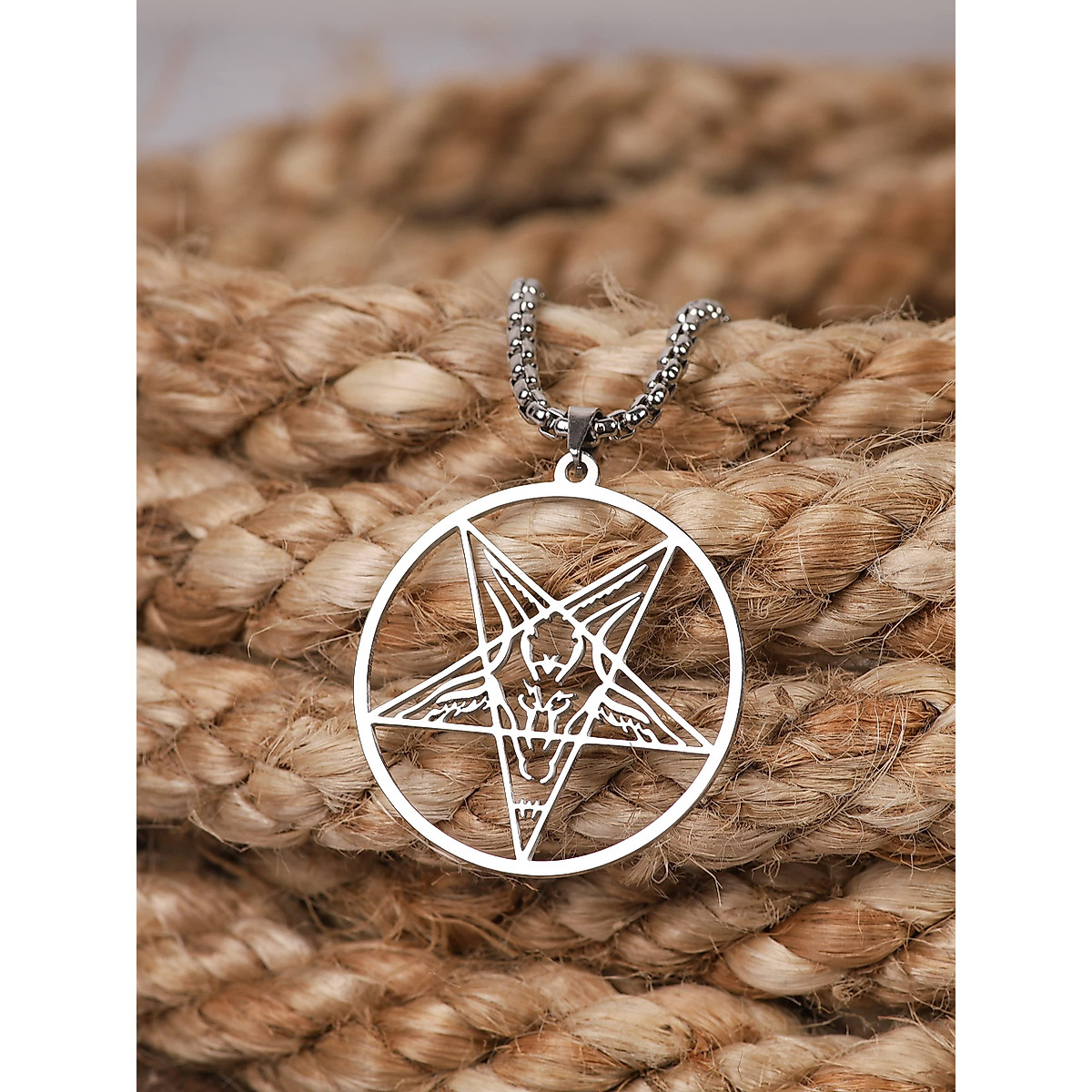 HAQUIL Satanic Necklace, Stainless Steel Hollow Sigil of Baphomet Pendant, Box Chain, Satanic Jewelry