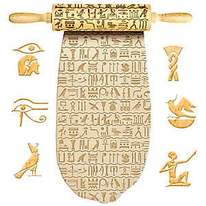 Rolling Pins for Baking Egypt Hieroglyphs Engraved Embossing Rolling Pin 15 Inches Embossed Rolling Pin Kitchen Tools for Egyptian Theme Baking Embossed Cookies for Women Mom Birthday Gift