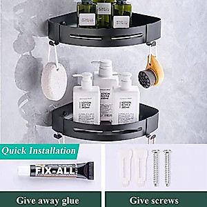 QCSJXX Triangle Shower Corner Caddy Bathroom Shower Corner Shelf with Two Hooks, Self Adhesive with Glue or Wall Mount with Screws,Aluminum 2 Tier Storage Shelves Triangle Baskets,Black Finish