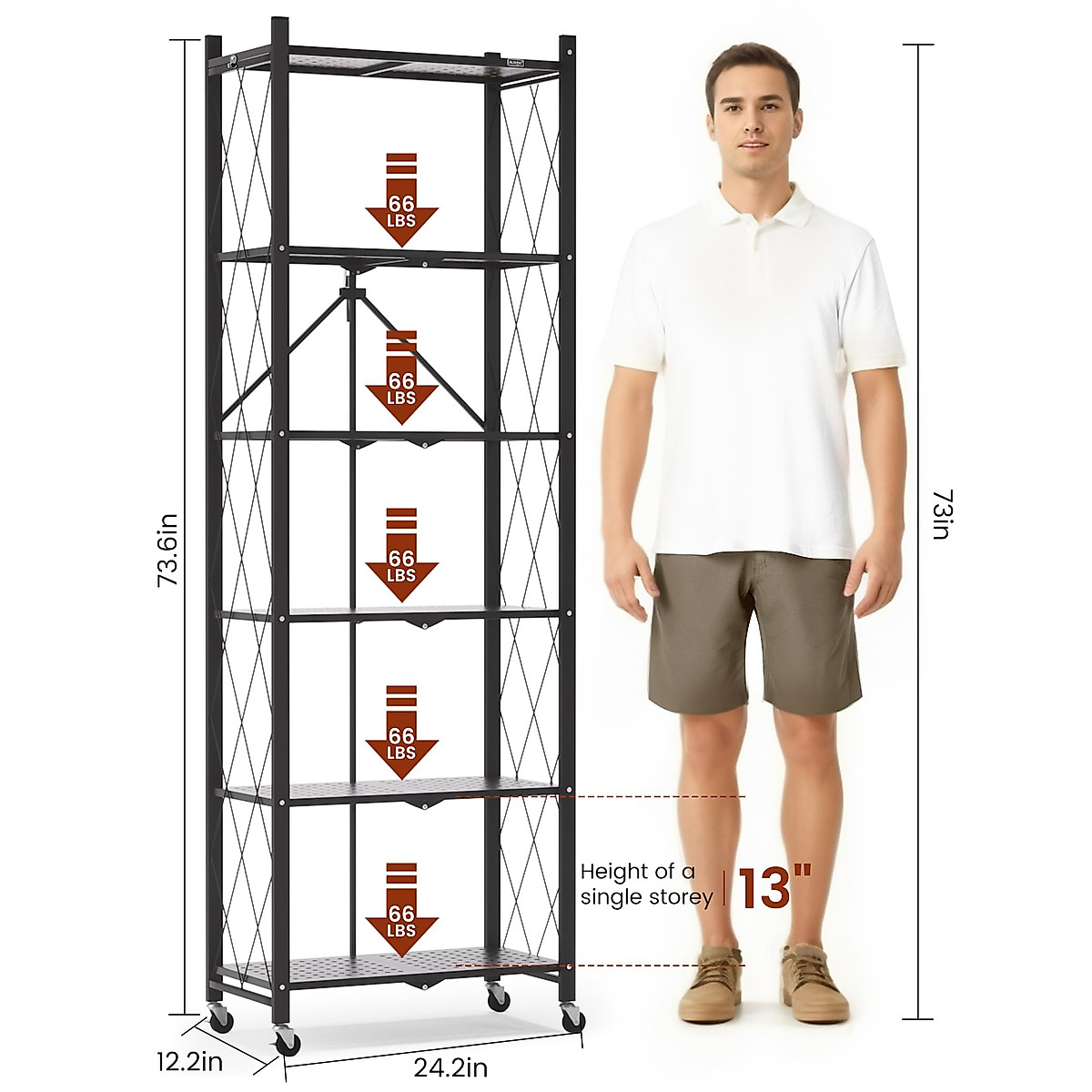 ALANNG 73.6 Inch Folding Bookshelf, 6 Tier Metal Bookcase and Bookshelves, Tall Shelves for Living Room Office Bedroom, Heavy Duty Book Shelve Free Standing Open Bookshelve (Black, 2PACK)