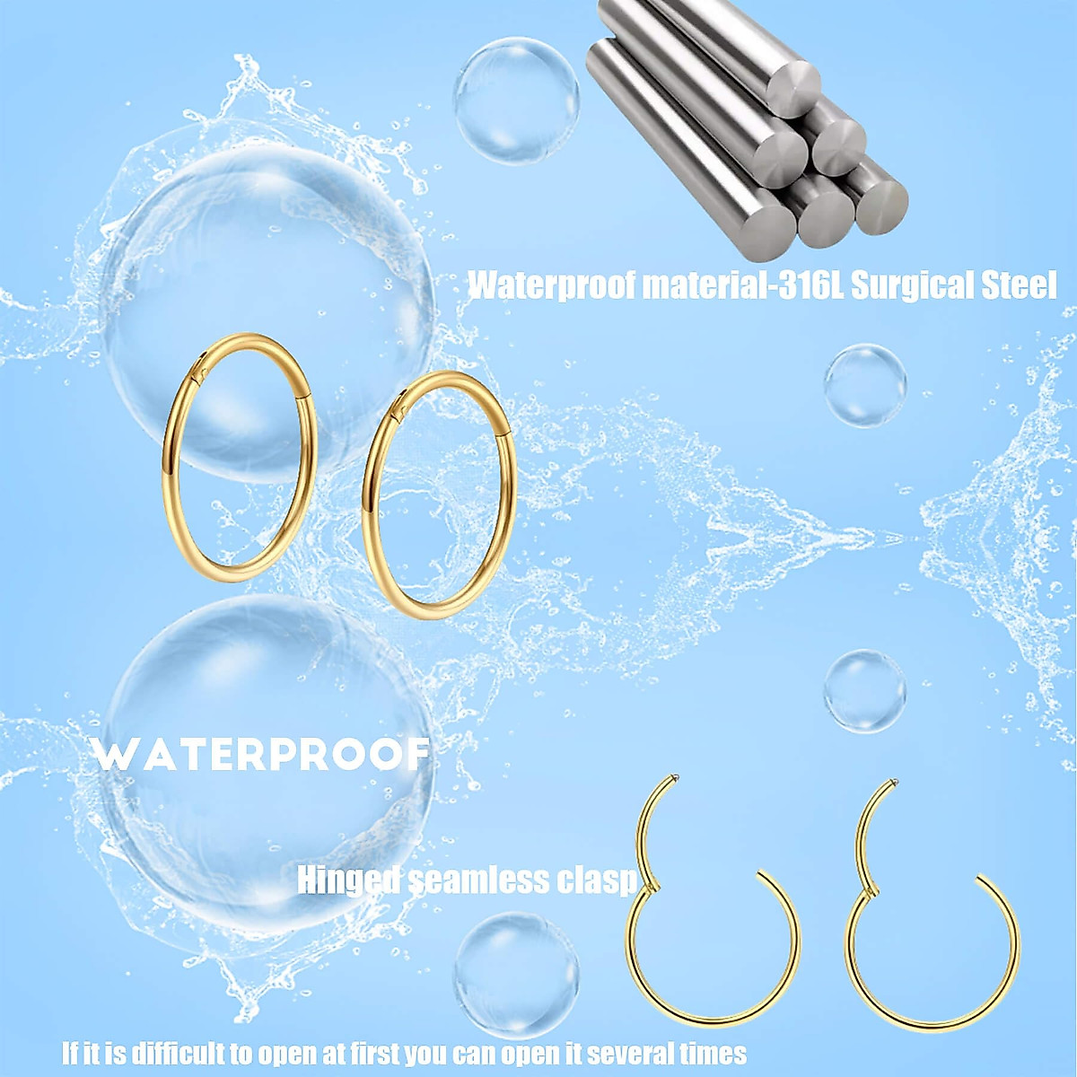 Lantine Gold Hinged 20g Cartilage Earring Hoop Nose Rings 6mm 8mm 10mm Set Clicker Triple Double Forward Helix Hoops Earrings(3Pcs a Set)