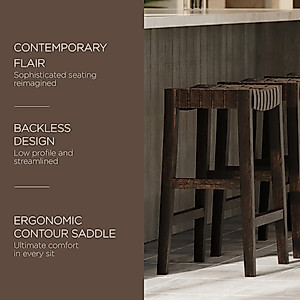 Maven Lane Emerson 26 Inch Tall Counter Height Backless Saddle Barstool in Weathered Brown Wood Finish with Marksman Saddle Vegan Leather Seat