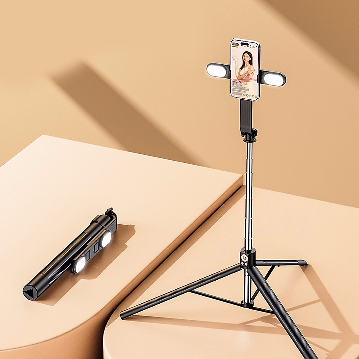 Cell Phone Tripod Stand, Extendable 3 Color Temperature Cell Phone Selfie Stick Tripod for Travel