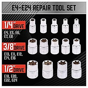 SEDY 14-Piece E-TORX Socket Set - Premium Female Torx Socket Set, Ultimate Star Socket Set, Torque Socket Set, External Torx Socket Set, E4 E5 E6 E7 E8 E10 E11 E12 E14 E16 E18 E20 E22 E24 Socket Set