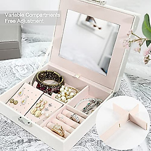 Tikea Jewelry Box Organizer for Women Girls, Portable Travel Jewelry Case with Mirror, PU Leather Jewelry Holder for Necklaces Earrings Rings Watch Christmas Birthday Gift White