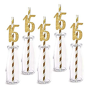 15th Birthday Paper Straw Decor, 24-Pack Real Gold Glitter Cut-Out Numbers Happy 15 Years Party Decorative Straws