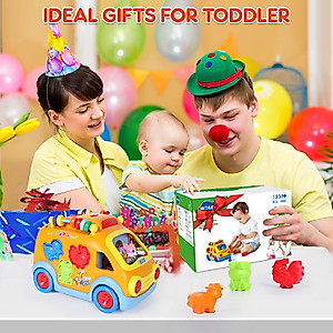 Toy Cars for 1 Year Old Boy Gifts Baby Toys 12-18 Months, Musical Learning Toys for Toddlers 1-3, Educational Baby Bus with Animal Blocks, Christmas Birthday Gift for 1 2 3 4 Year Old Boys Girls Kids