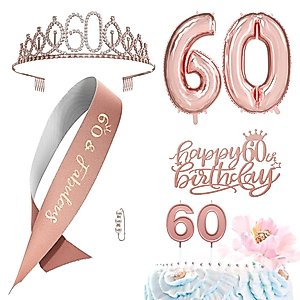 60th Birthday Gifts Decorations for Women - Birthday Cake Topper, Balloons, Birthday Queen Sash with Pearl Pin, Tiara Crown and Candle Set, Rose Gold, Rose Gold (60th)