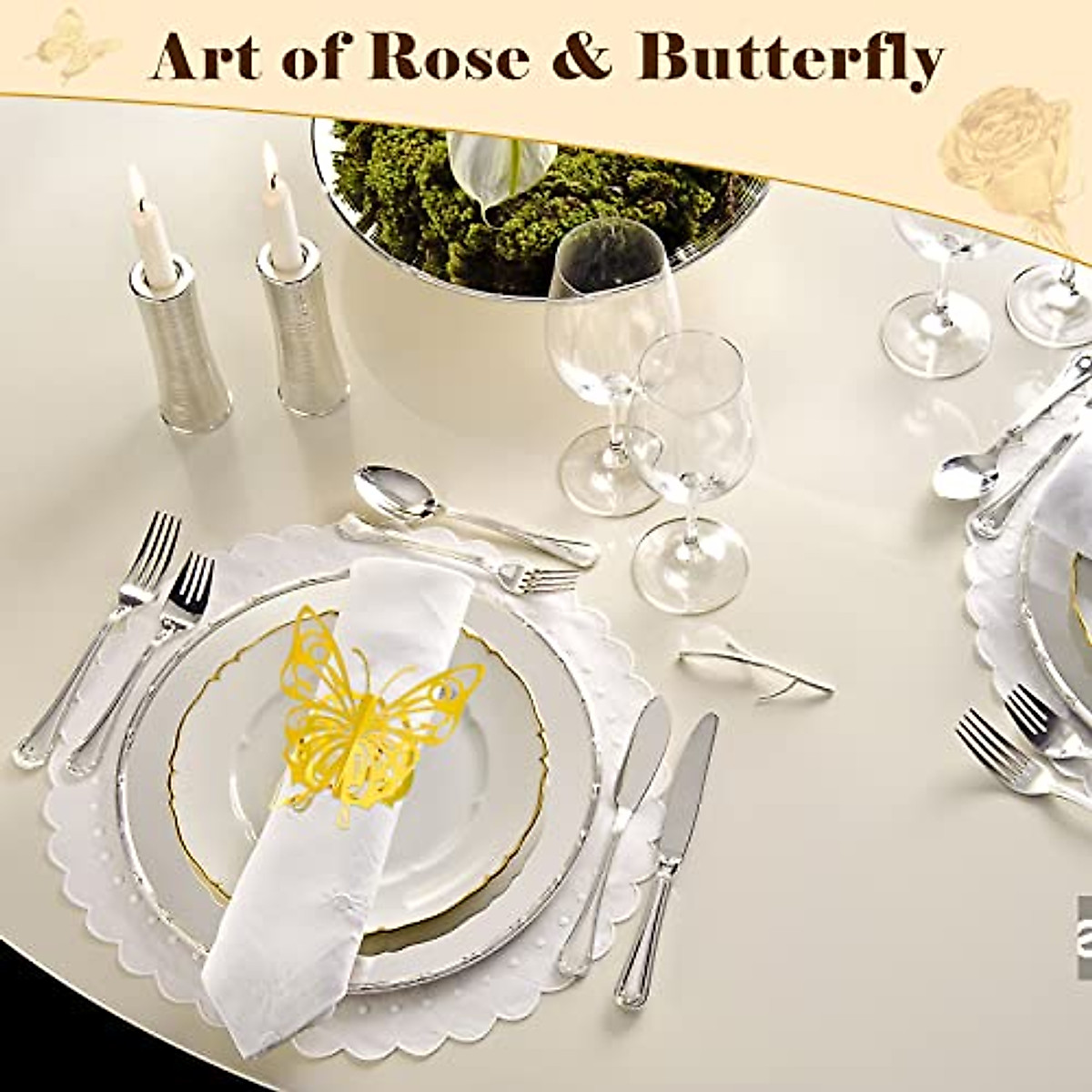 Honitra 100 Rose & Butterfly Napkin Rings, Gold Napkin Rings for Table Decor, Napkin Rings Set of 100 for Luxury Banquet Style, Reusable Paper Napkin Rings for Wedding, Birthday, Anniversary