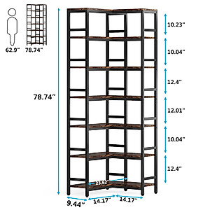 Tribesigns 78.74” Tall Corner Shelf, 7 Tier Industrial Corner Bookcase Storage Display Shelves for Living Room Home Office, Rustic Brown
