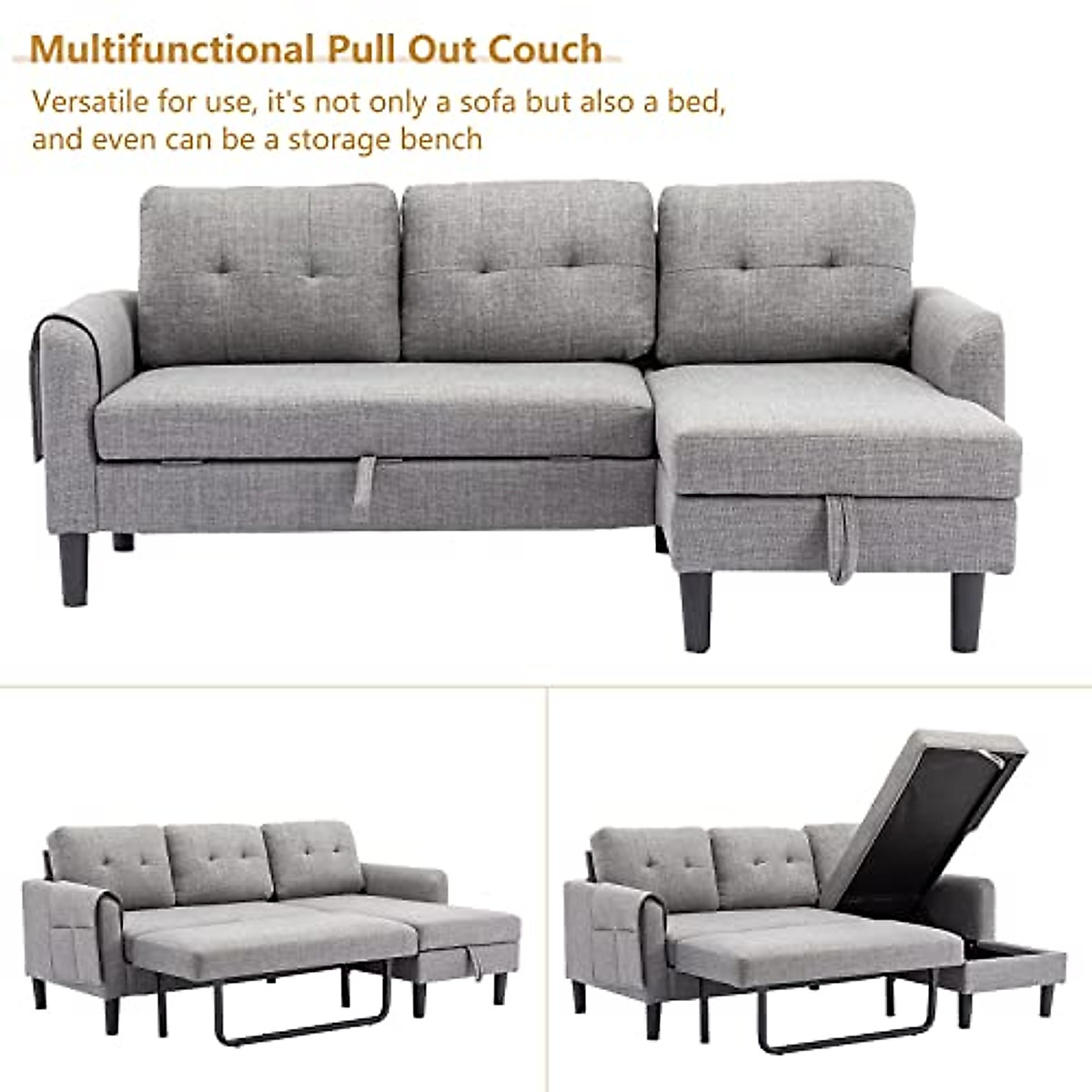GNIXUU Pull Out Couch, Small Sectional Sleeper Sofa Bed with Storage Chaise, Convertible 3 Seater L Shaped Couch for Living Room, Grey