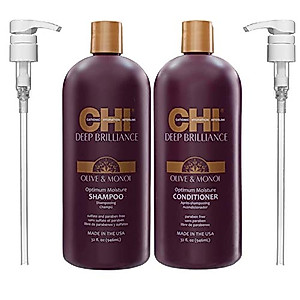 CHI Deep Brilliance Olive & Monoi Optimum Moisture Shampoo & Conditioner with 2 Pumps 32oz Bundle