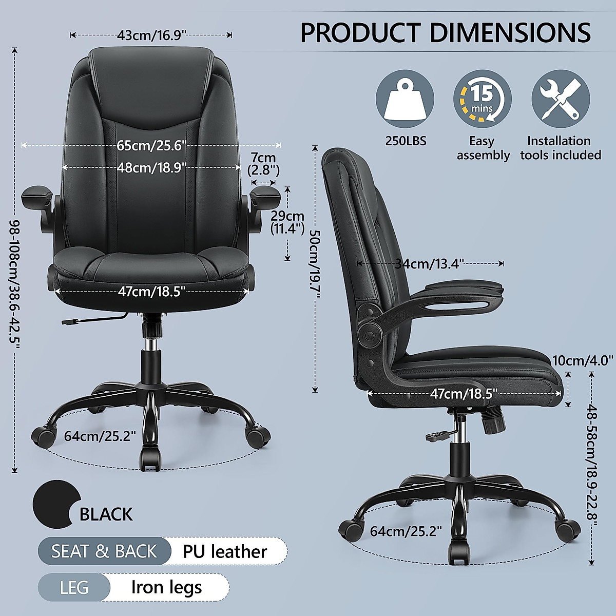 AtHope Office Chair Ergonomic Computer Desk Chair, Executive Leather Office Chair with Adjustable Flip-up Armrests Height, Swivel Task Chair with Lumbar Support Rocking Function for Home Office(Black)